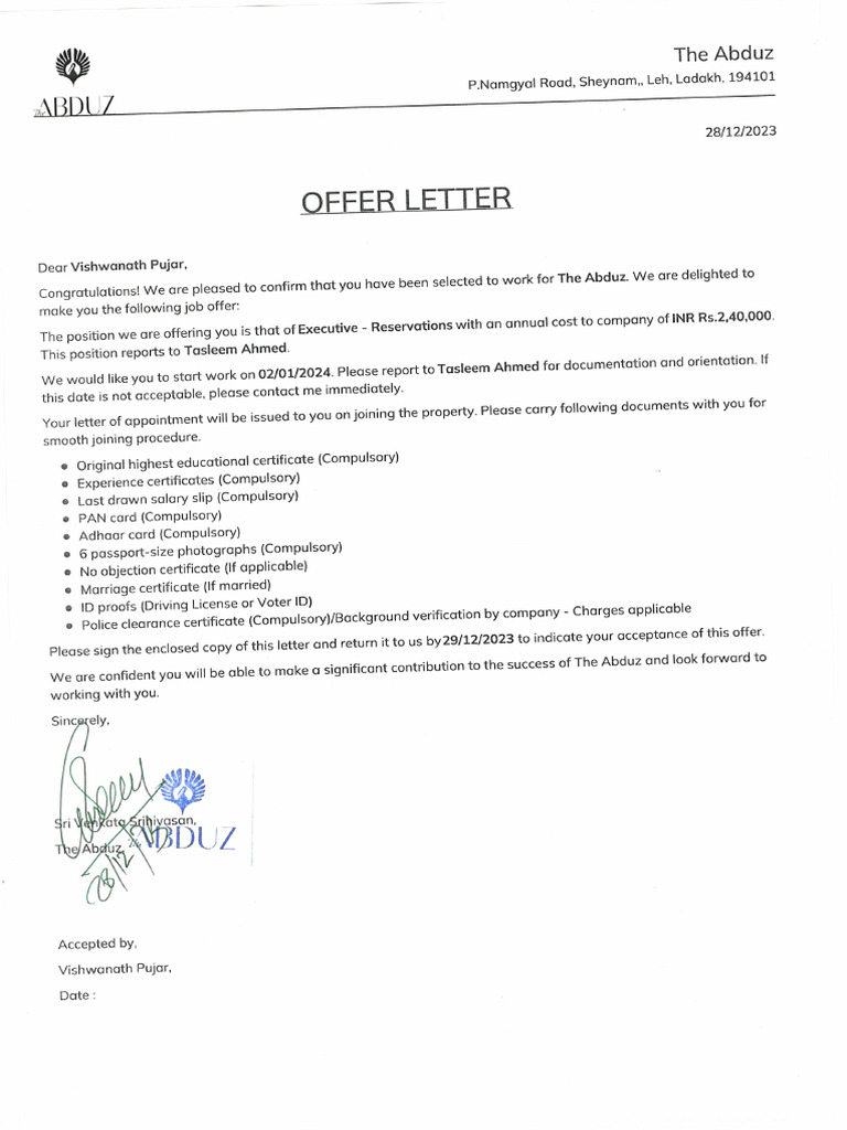 Offer Letter Vishwanath Pujar | PDF