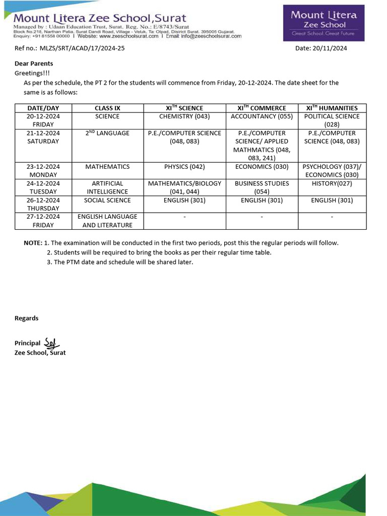 Updated CIRCULAR 17 PT 2 Class 9 and 11 202425 DATE SHEET | PDF
