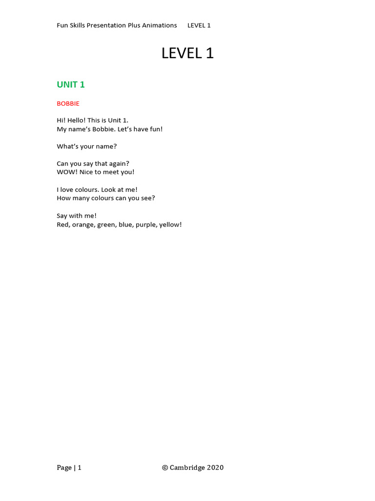 Fun Skills Level 1 PPlus Animations Script | PDF
