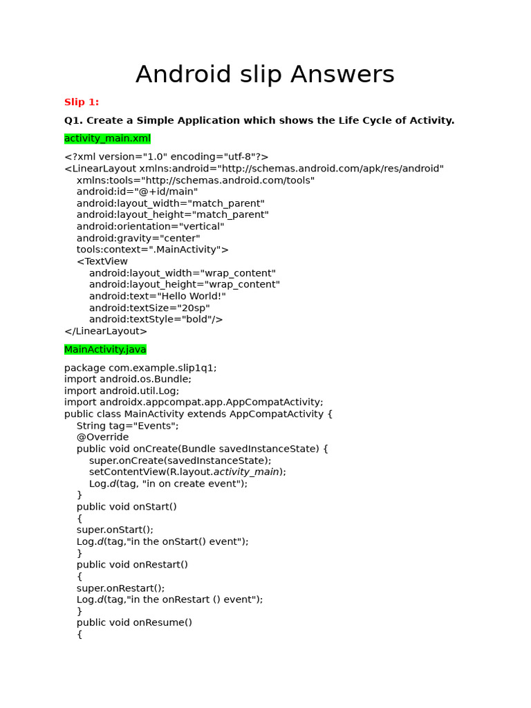 Android Slip Answers | PDF | Android (Operating System) | Java (Programming Language)