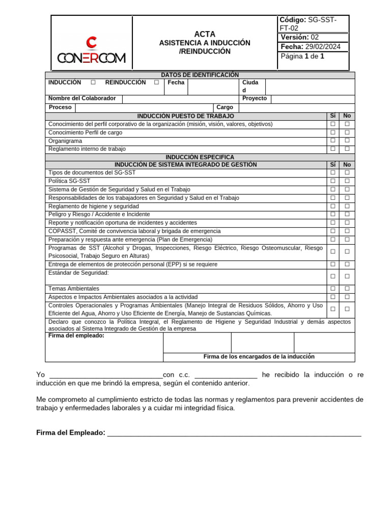 SG-SST-FO-02 Acta de Induccion y Reinduccion SST | PDF | Valores