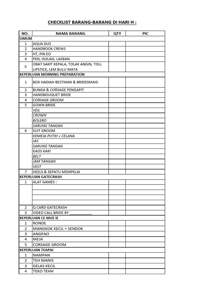 Checklist Barang2 Hari H | PDF