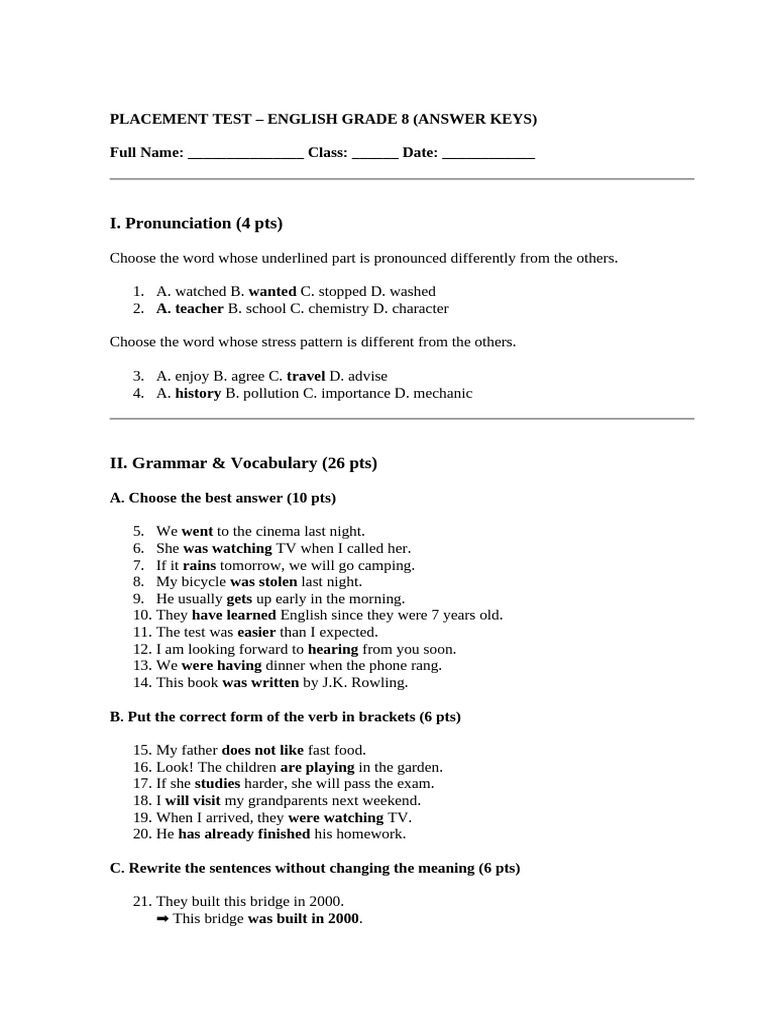 Grade 8 English Placement Test Answers | PDF | English Language ...