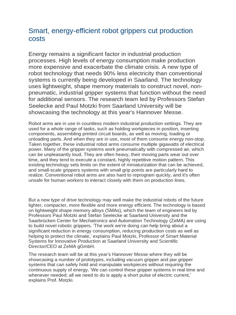 Smart, Energy-Efficient Robot Grippers Cut Production Costs | PDF ...