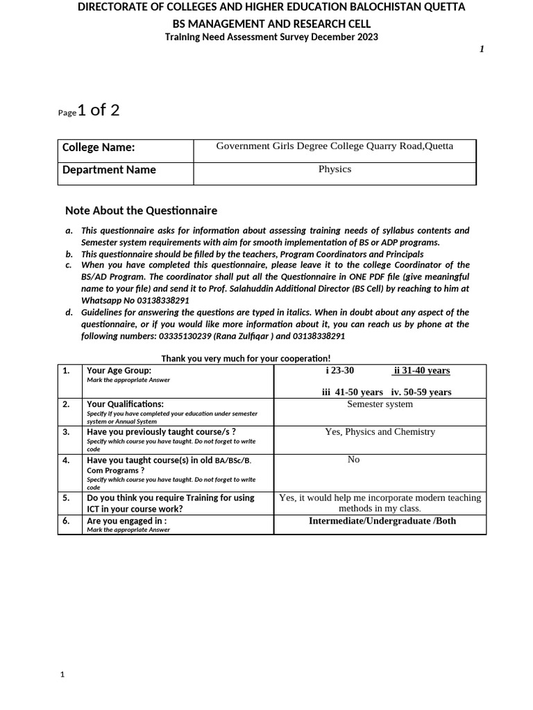 Geeta Rani TNT Questionnaire | PDF | Bachelor Of Science