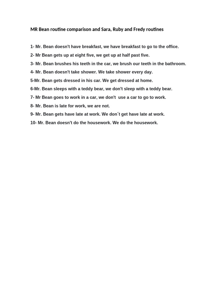 MR Bean Routine Comparison and Sara, Ruby and Fredy Routines | PDF