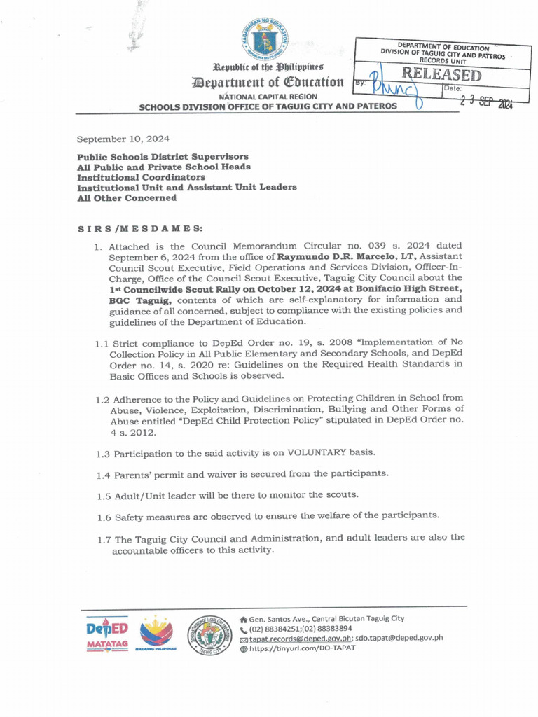 Division Letter No. 0466 1ST Councilwide Scout Rally On October 12 2024 ...