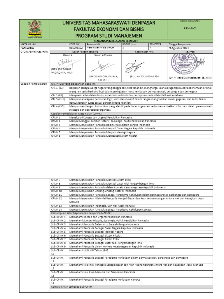 RPS Pancasila (Manajemen) | PDF