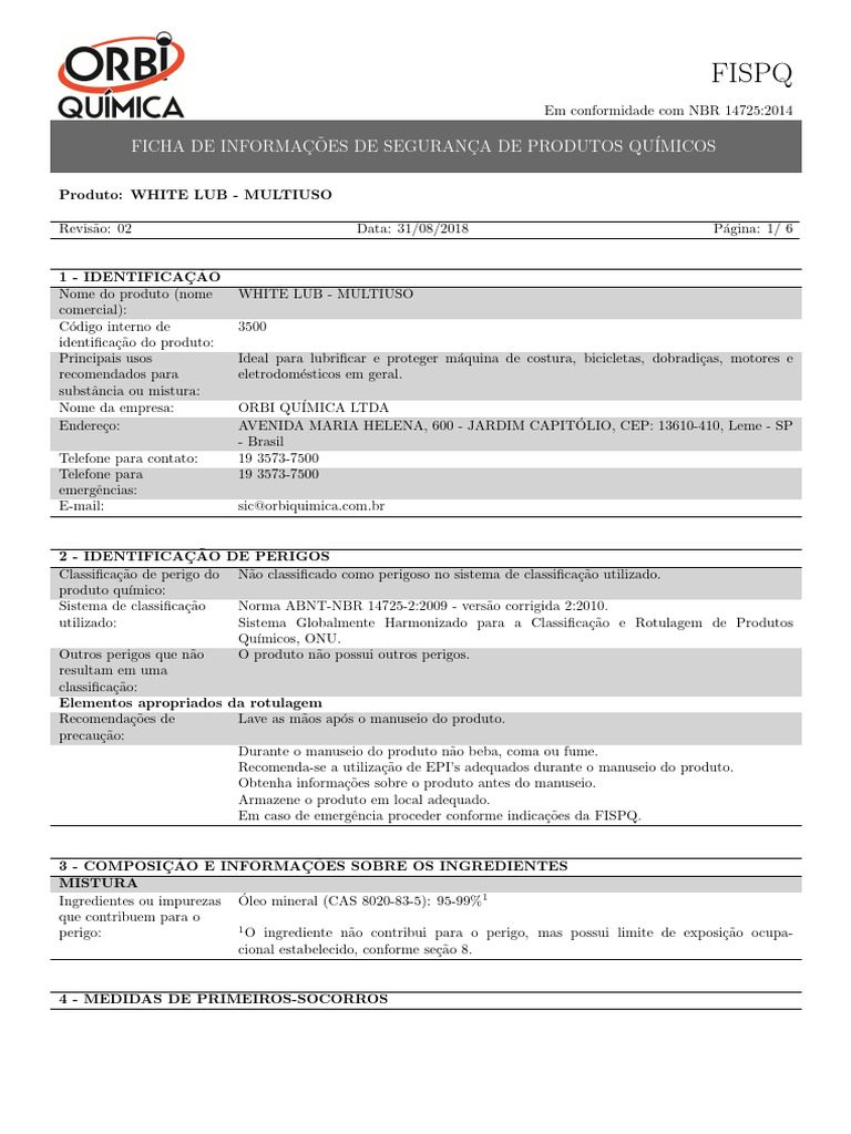 FISPQ White Lub Multiuso V01 | PDF | Dióxido de carbono | Temperatura