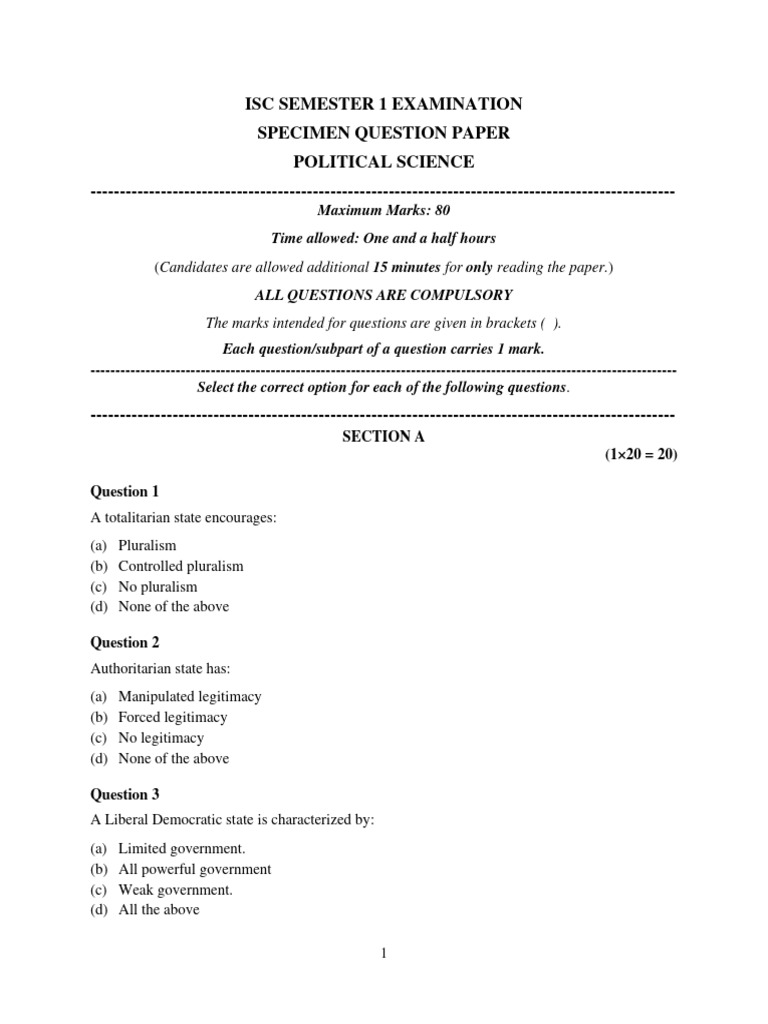 ISC Class 12 Political Science Question Paper (Sem 1) 2022 | PDF ...
