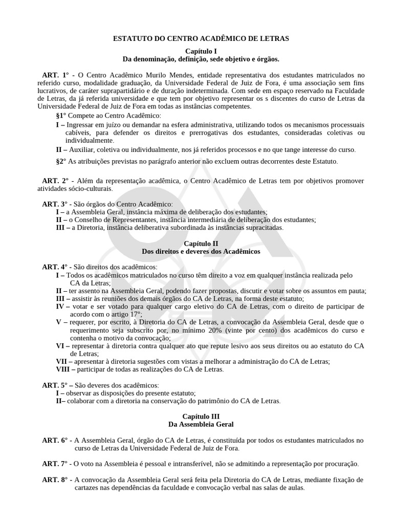Estatuto do Centro Acadêmico de Letras | PDF | Eleições | Conselho de ...
