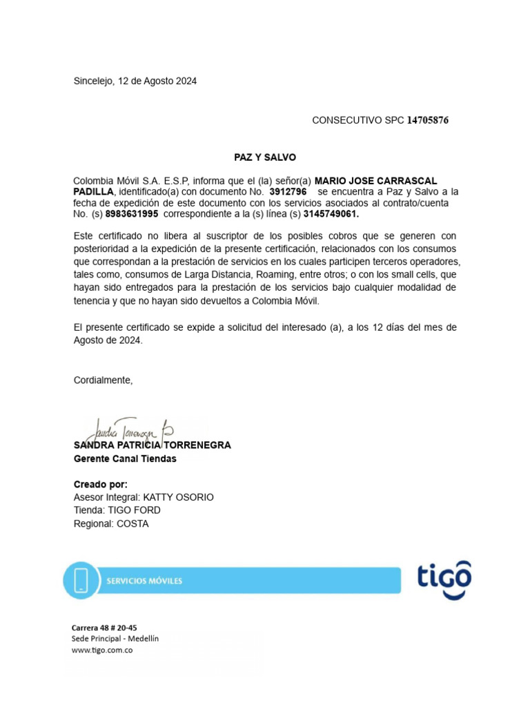 Paz y Salvo Mario Carrascal Padilla | PDF