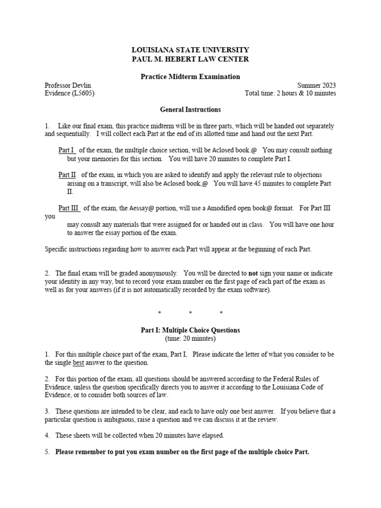 2023 Evidence Practice Midterm | PDF | Witness | Trials