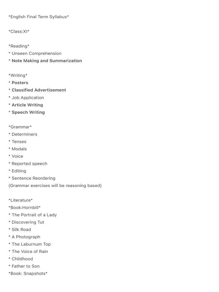 English Final Term Syllabus | PDF