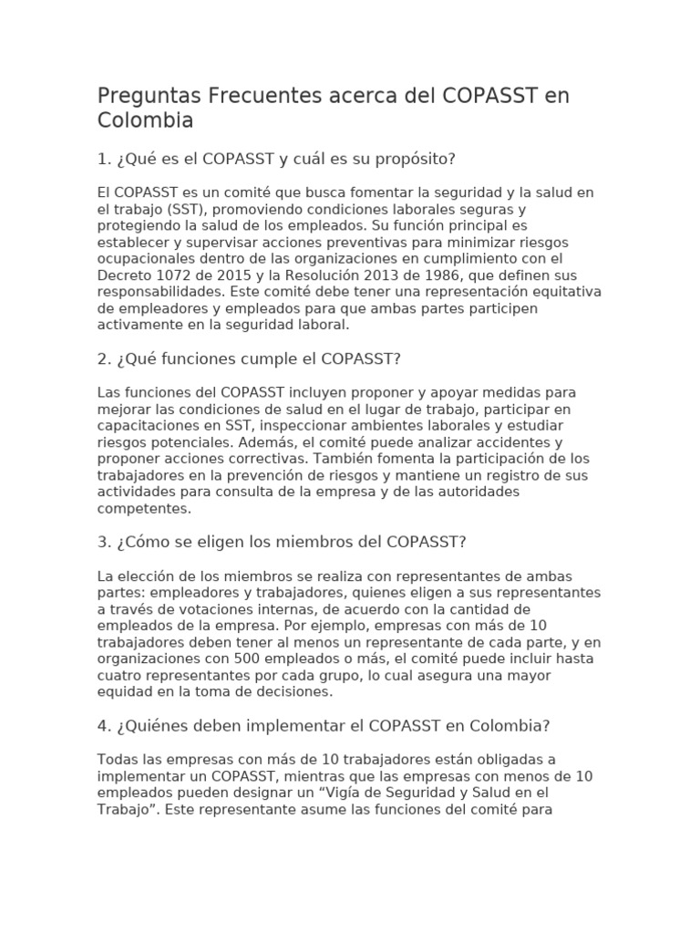 Preguntas Frecuentes sobre COPASST en Colombia | PDF | Seguridad y ...