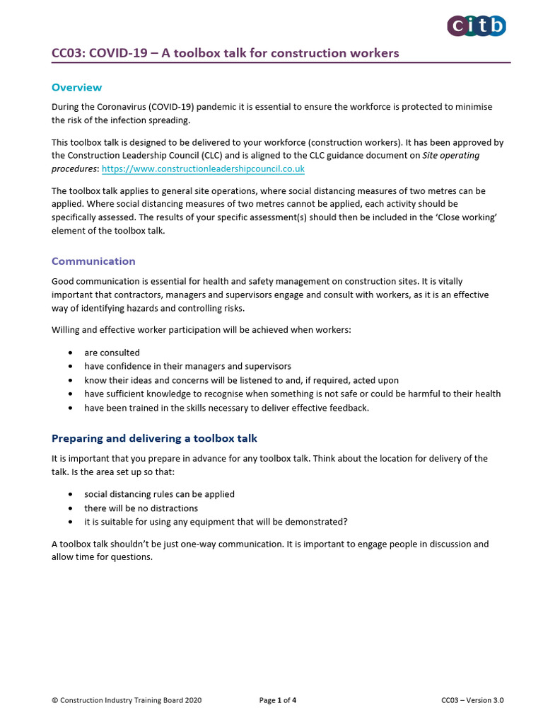 COVID-19 Toolbox Talk for Construction | PDF | Occupational Safety And ...