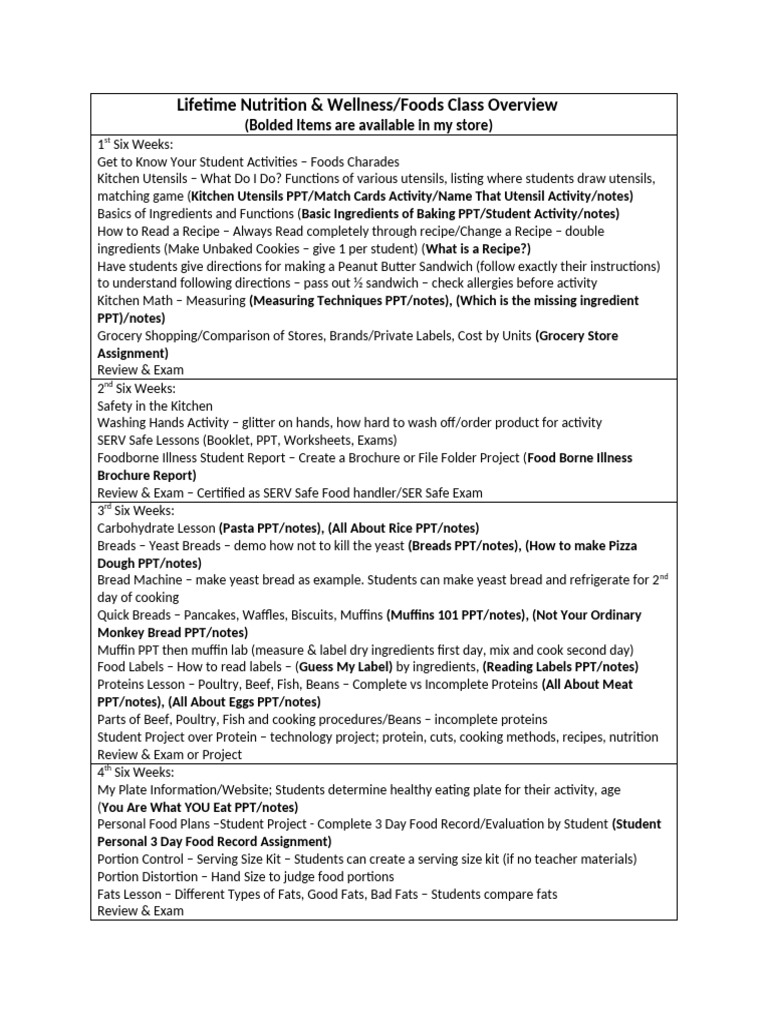 Lifetime Nutrition & Wellness Class Overview | PDF | Foods | Cooking