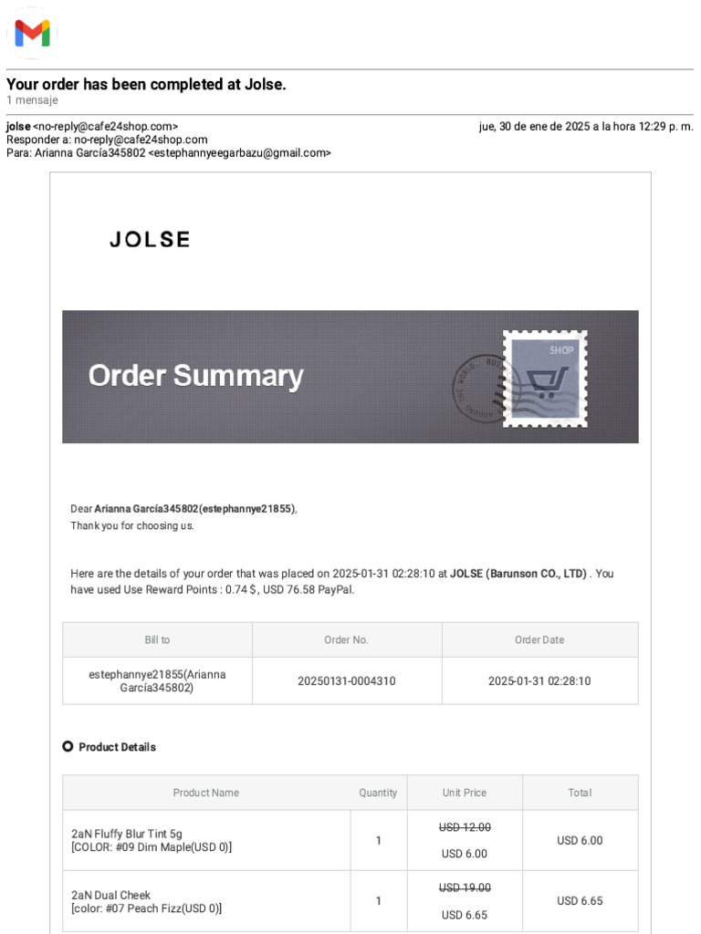 Gmail - Your Order Has Been Completed at Jolse | PDF