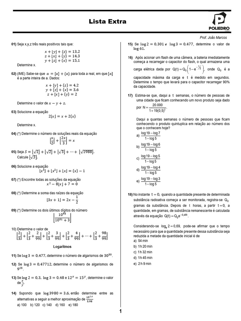Lista Extra - Logaritmos | PDF | Capacitor | Logaritmo