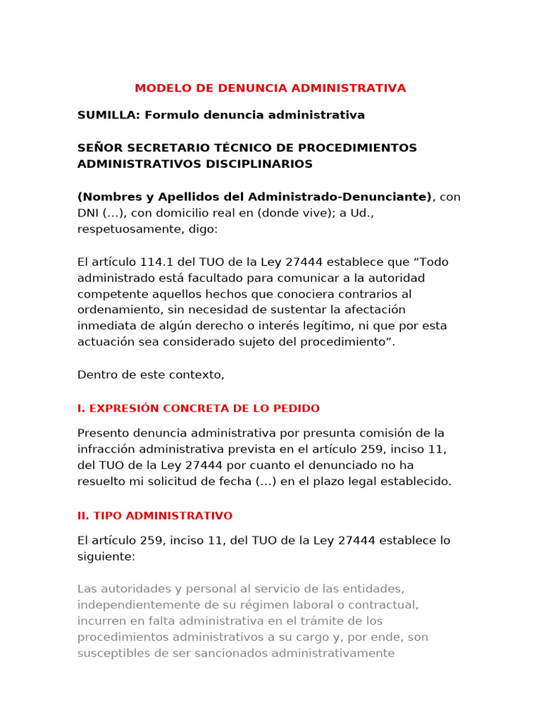 MODELO DE DENUNCIA ADMINISTRATIVA | PDF | Justicia | Crimen y violencia