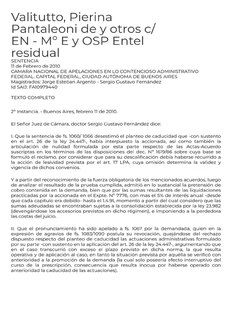 Valitutto, Pierina Pantaleoni de y Otros C - EN - Mº E y OSP Entel ...