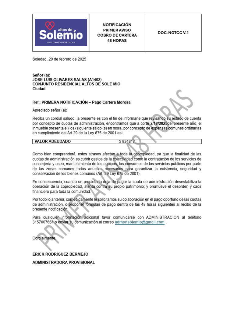 Carta Primer Aviso 20022025-11 | PDF