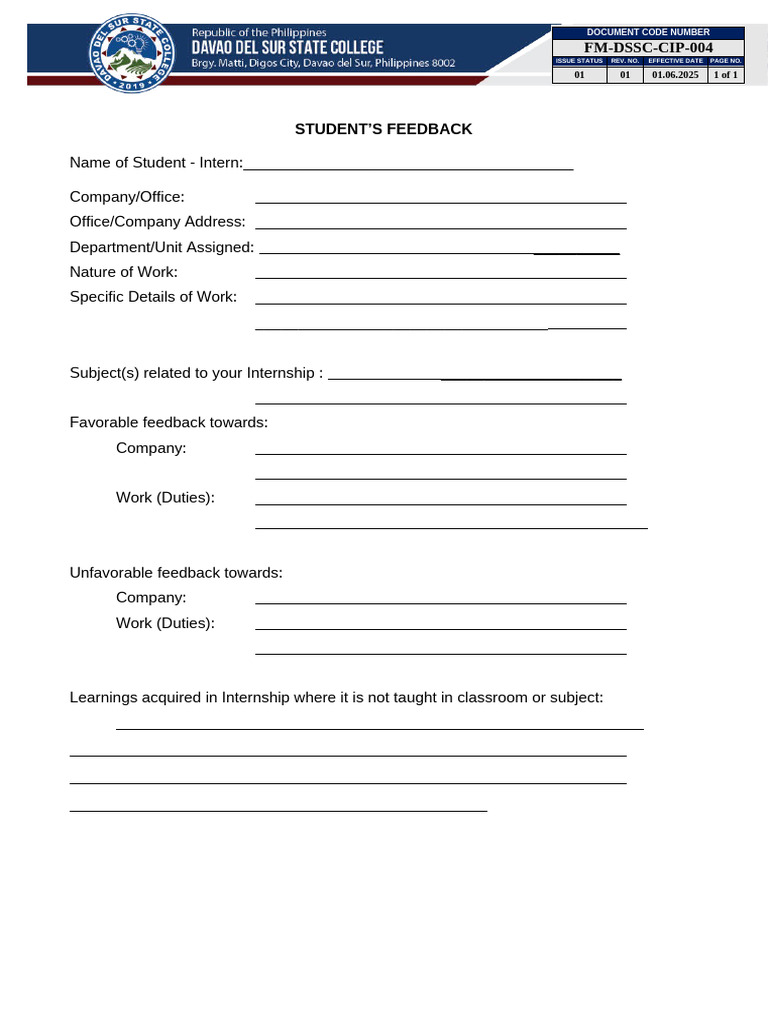 Internship Feedback Form CIP-004 | PDF