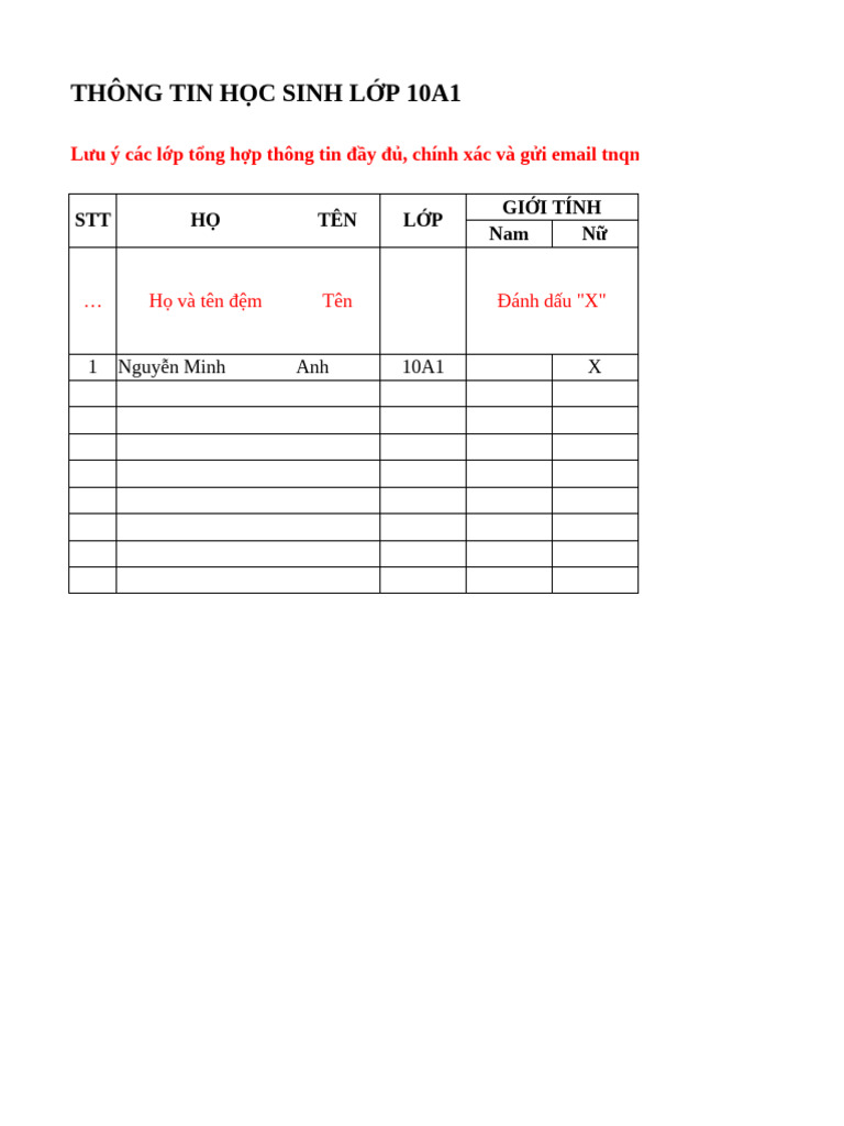THÔNG TIN HỌC SINH LỚP 10A1 FILE MẪU | PDF