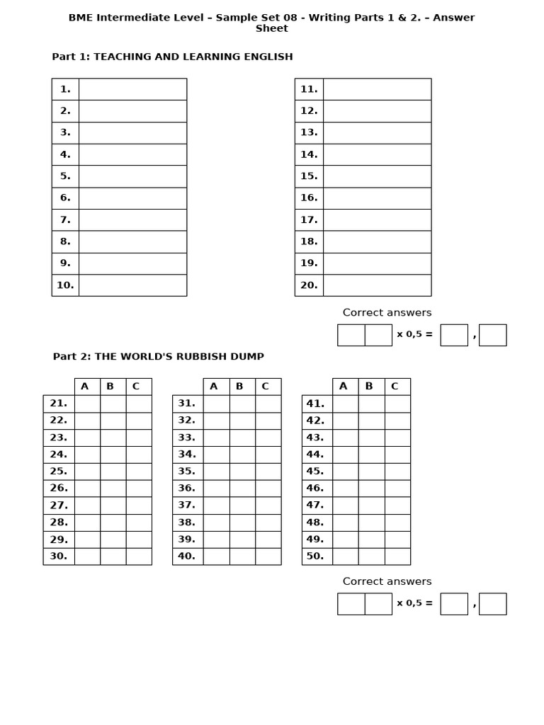 08 BME Intermediate Level - Writing Part 1-2. - Answer Sheet | PDF