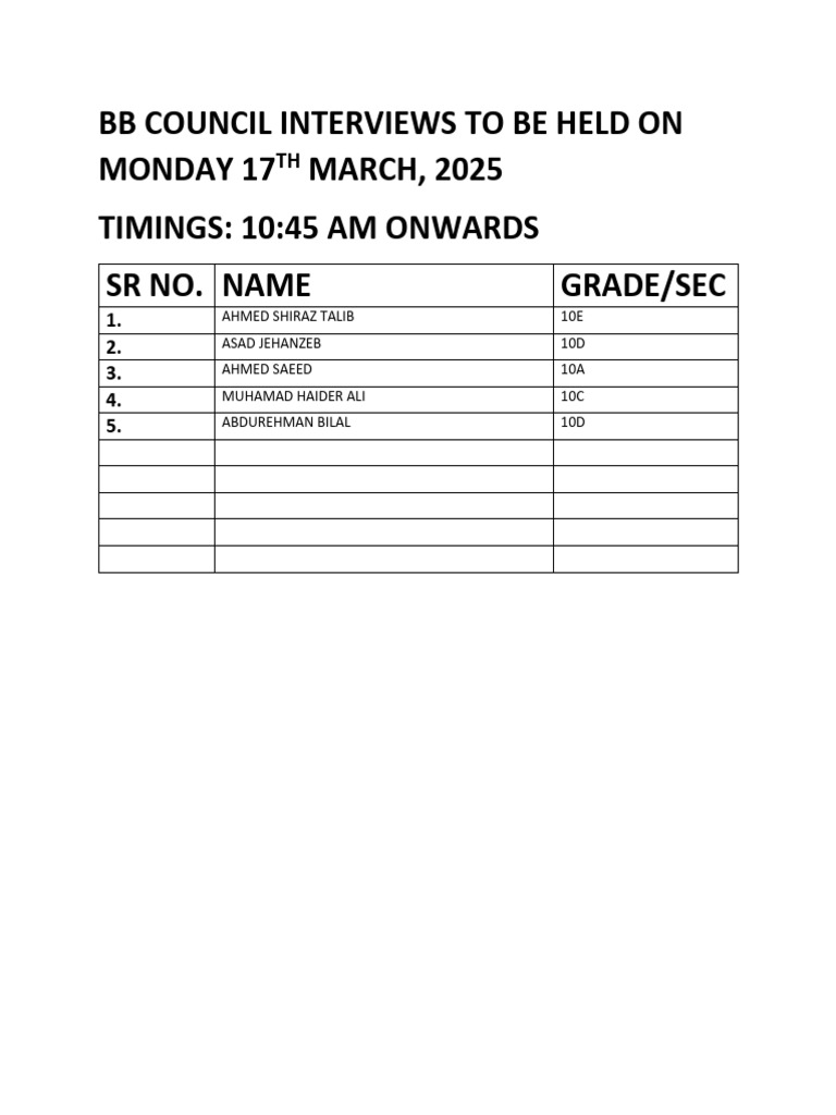 BB Council Interviews To Be Held On Monday 17th March | PDF