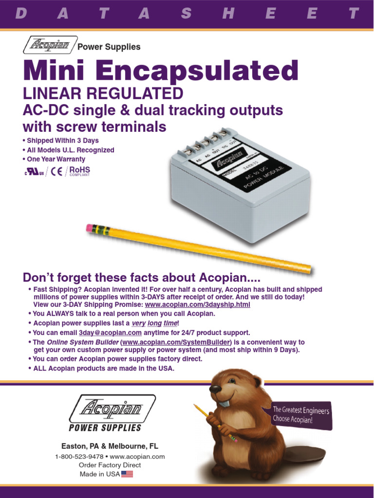 Acopian Mini Encapsulated Linear AC DC Screw Terminal Power Supply ...