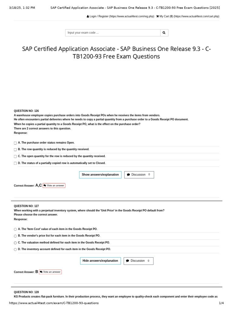 SAP B1 C-TB1200-93 Exam Questions | PDF | Inventory | Business