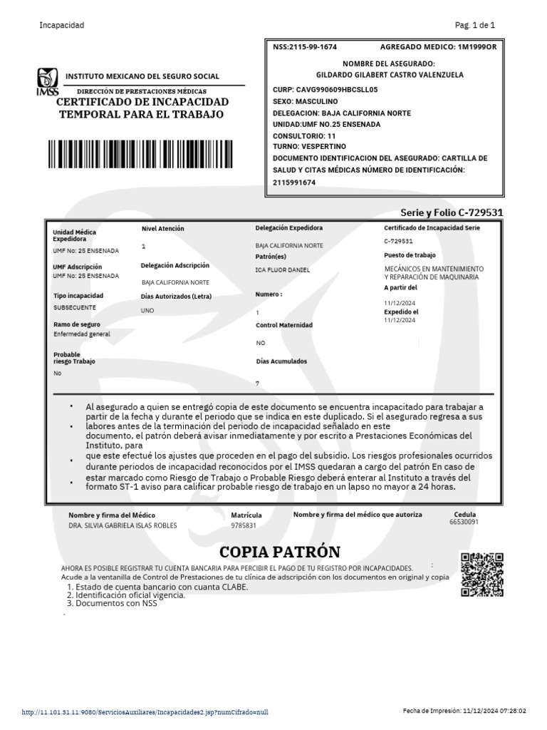 Certificado de Incapacidad IMSS 2024 | PDF