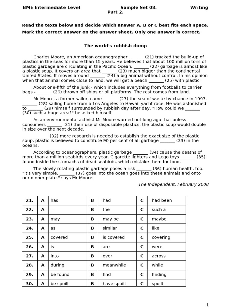 08 BME Intermediate Level - Writing Part 2. - The World's Rubbish Dump | PDF | Sea | Earth Sciences