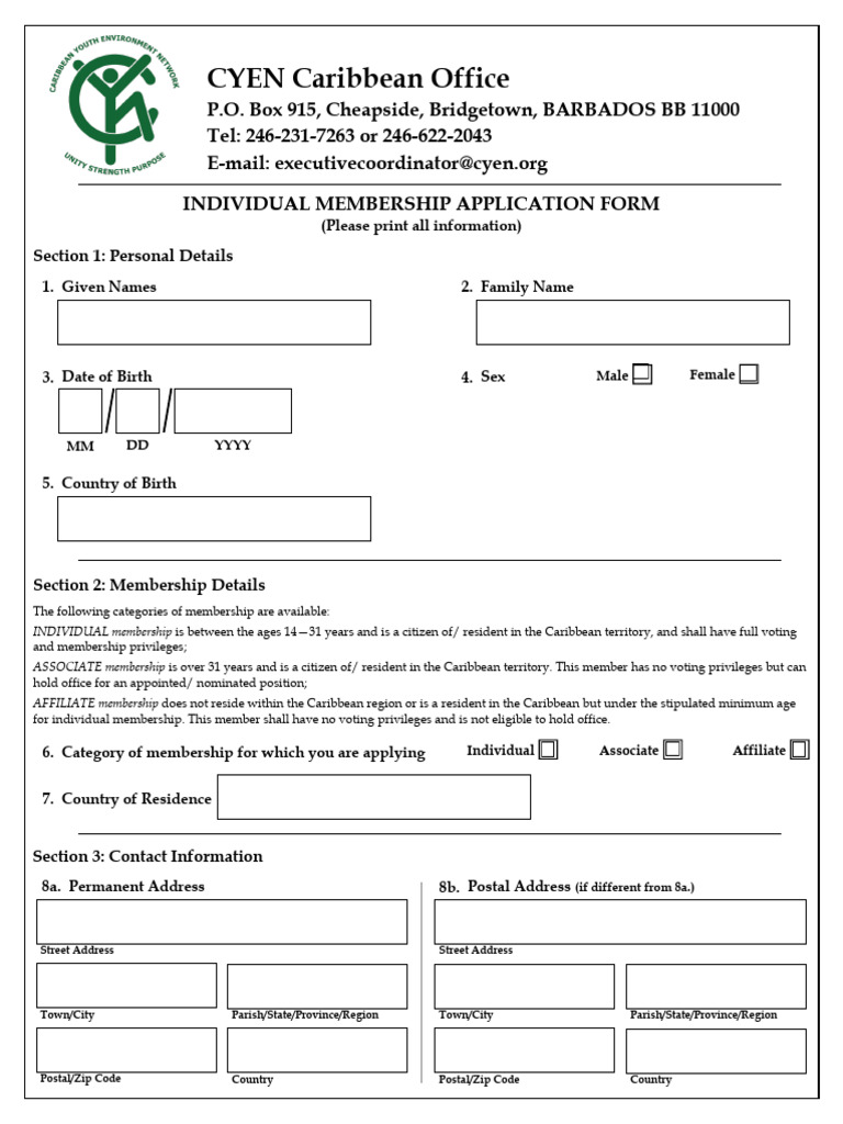 CYEN Individual Membership Form | PDF