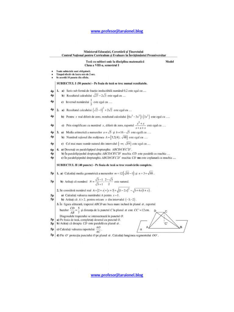 Model 1 Subiectebarem Teza Mate Sem I Cls8 | PDF