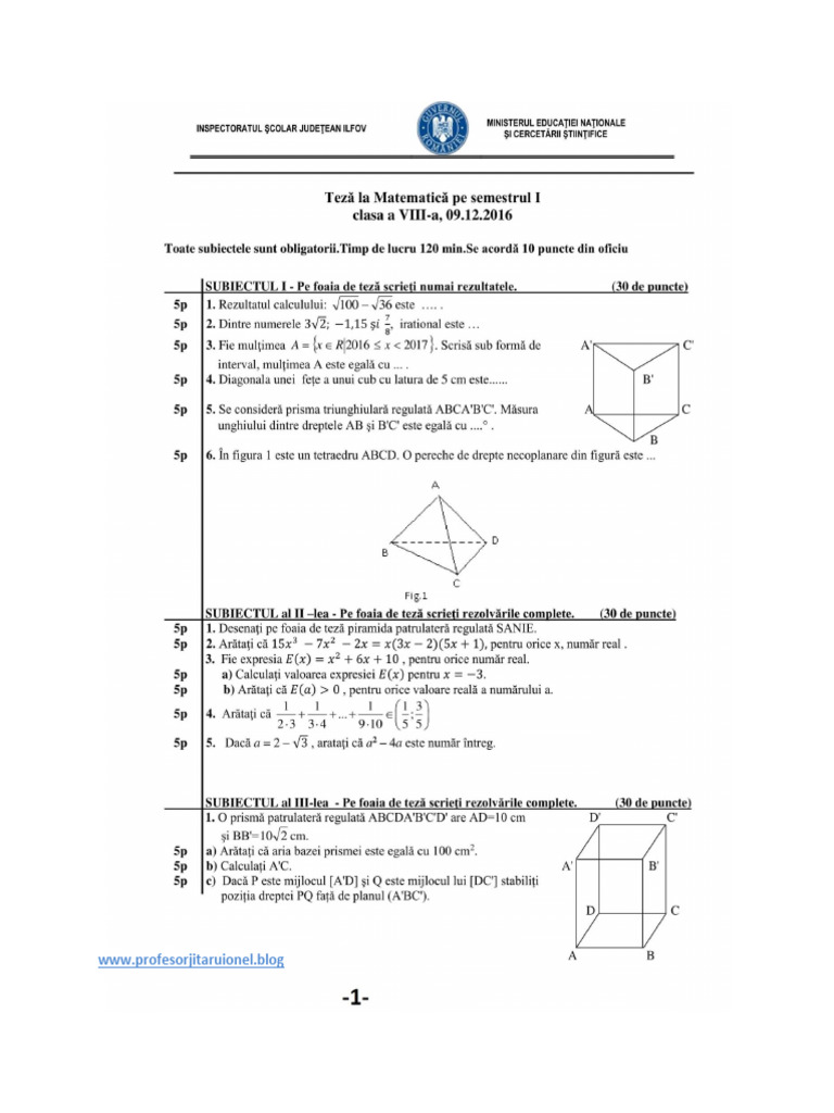 Model 3 Subiectebarem Teza Mate Sem I Cls8 | PDF