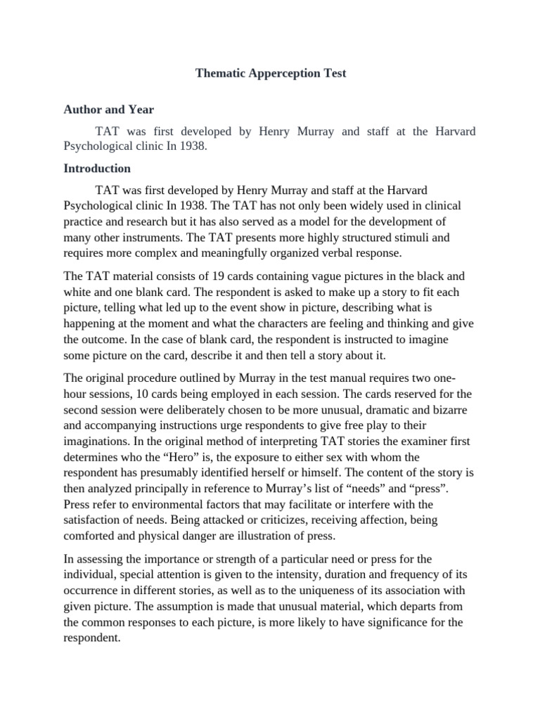 Overview of the Thematic Apperception Test | PDF | Cognitive Psychology ...