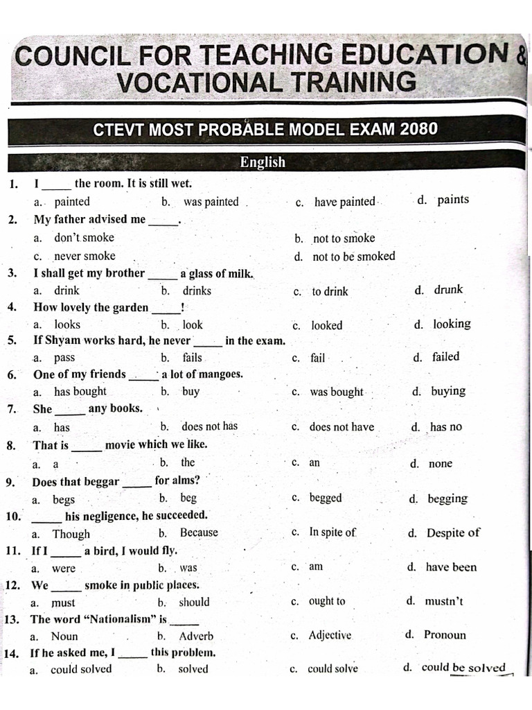 Ctevt Entrance Exam Model Questions Set 1 | PDF