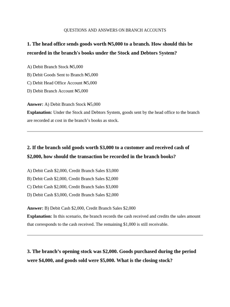 Branch Accounts: Questions & Answers | PDF | Debits And Credits | Business