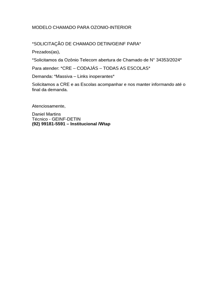 DEINF PARA OZONIO Chamado de N° 35020-2024 - CRE CODAJÁS - MASSIVA | PDF