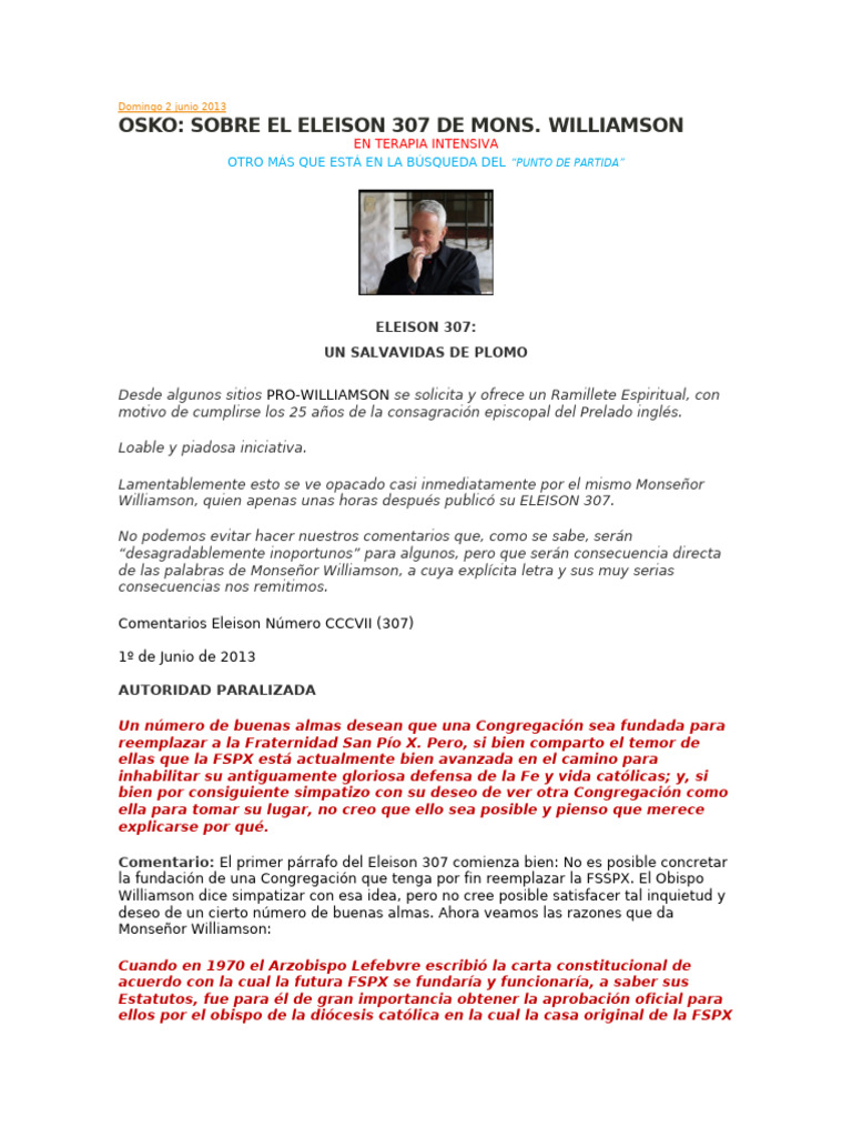 Crítica al Eleison 307 de Mons. Williamson | PDF | Iglesia Católica ...