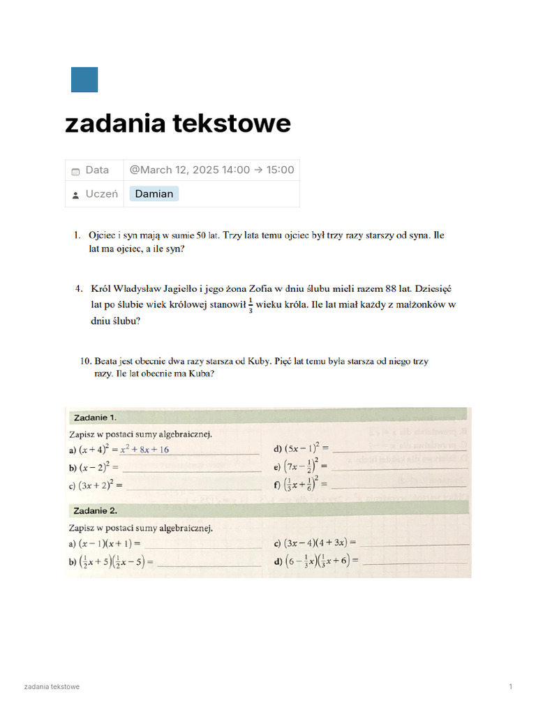 zadania tekstowe + wzory skróconego mnożenia | PDF