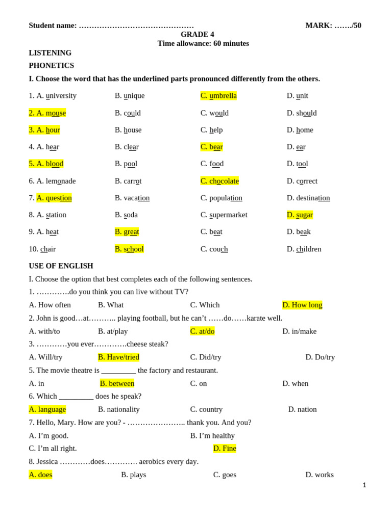 Grade 4 English Test Overview | PDF | Fat | Avocado