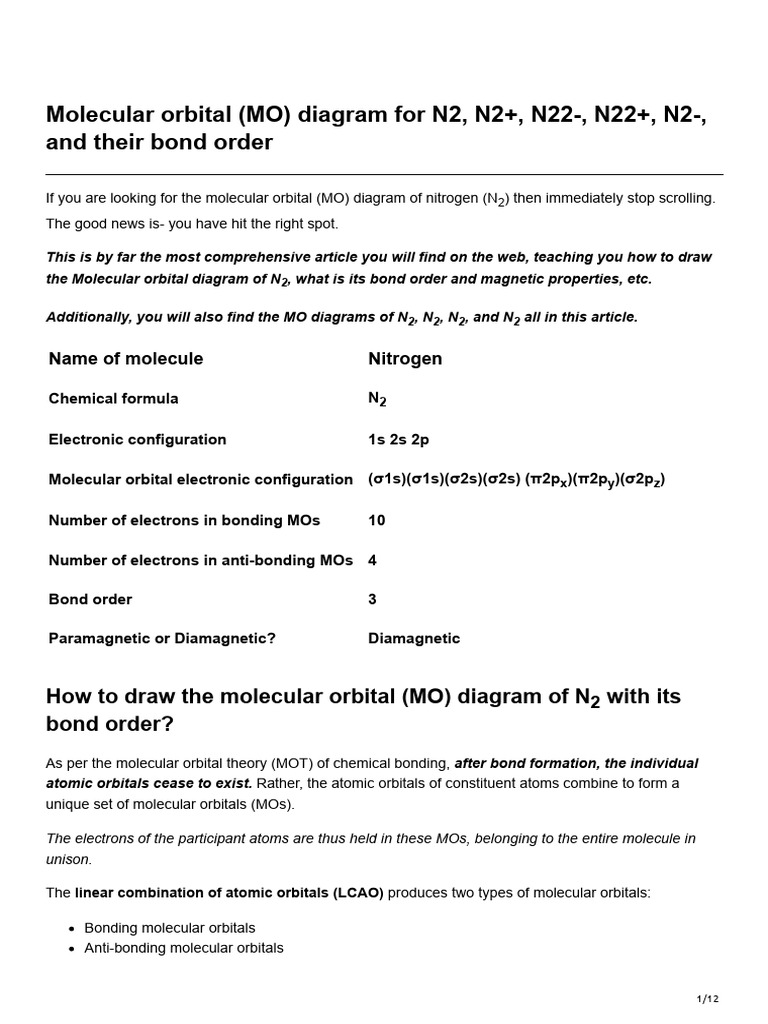 Molecular Orbital MO Diagram For N2 N2 N22 - N22 N2 - and Their Bond ...