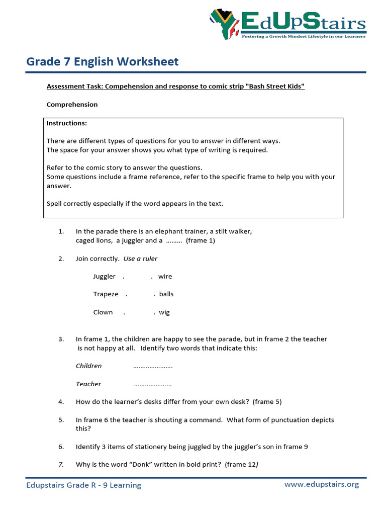 Grade 7 Comic Strip Comprehension Worksheet | PDF | Reading ...