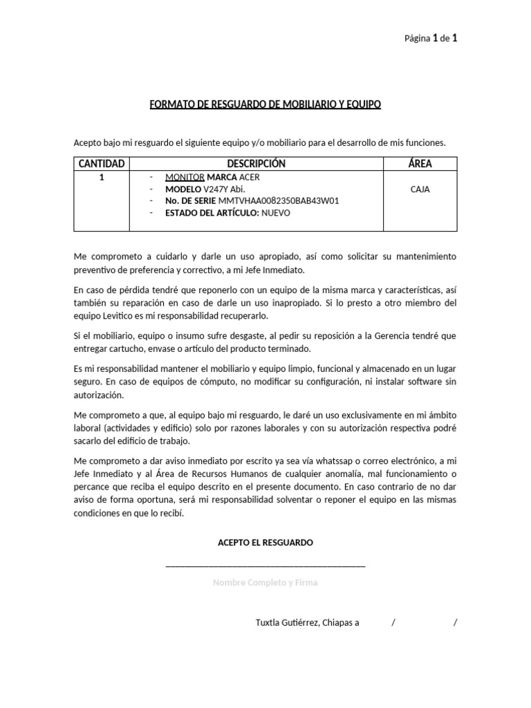 Formato de Resguardo de Equipo Laboral | PDF