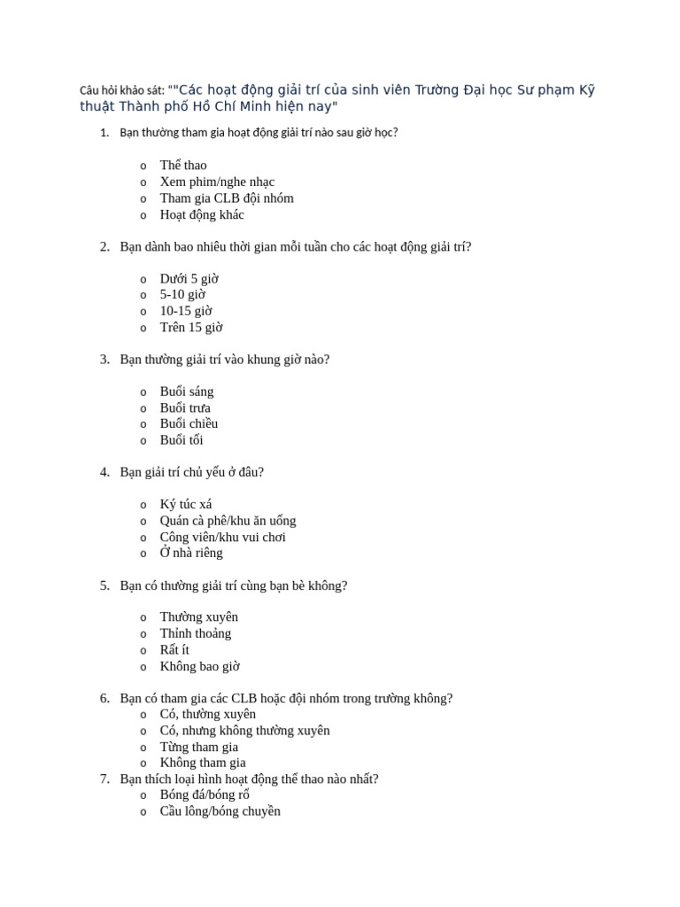 Câu hỏi khảo sát | PDF