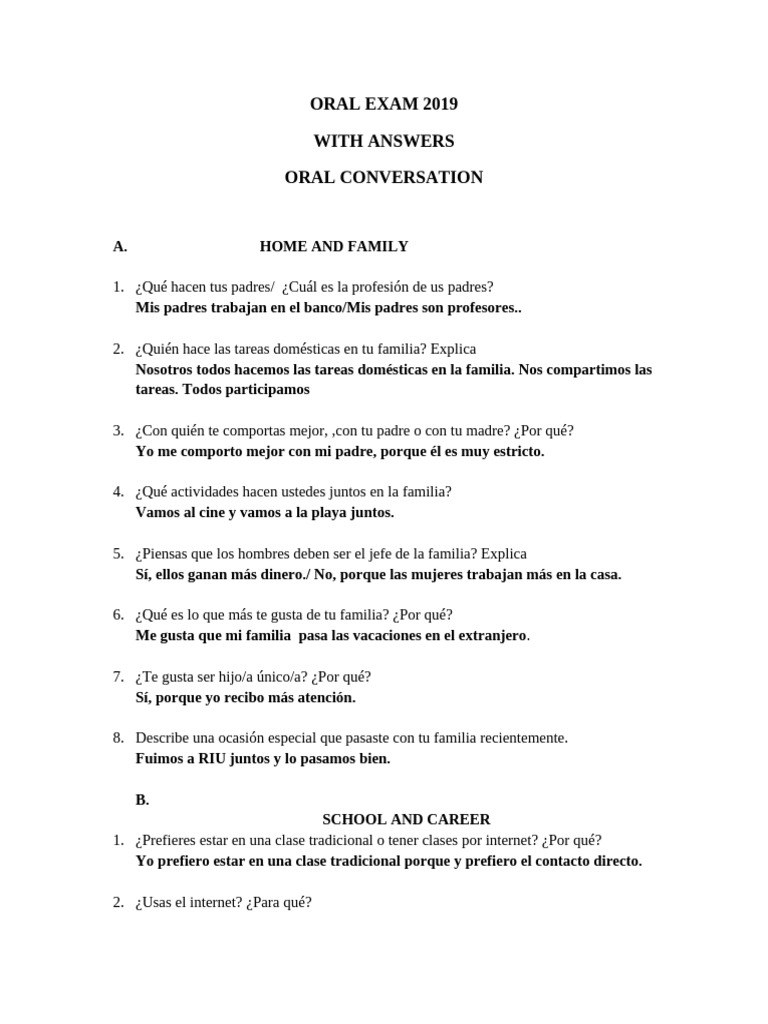 CSEC Spanish 2019 Oral Conversation Questions and Solutions | PDF