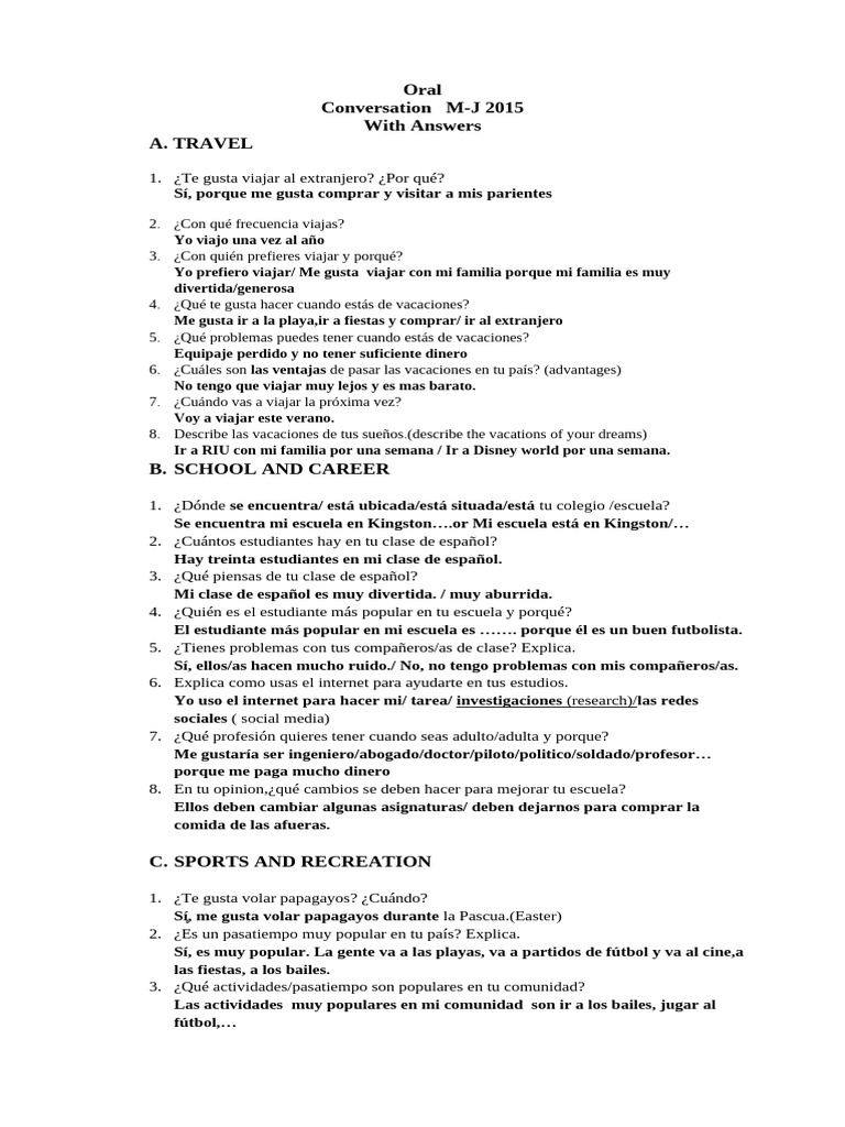 CSEC Spanish 2015 Oral Conversation Questions and Solutions | PDF